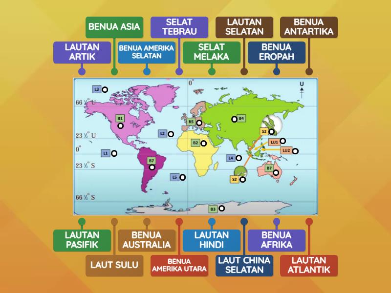 BENUA, LAUTAN, LAUT UTAMA DAN SELAT - Labelled diagram