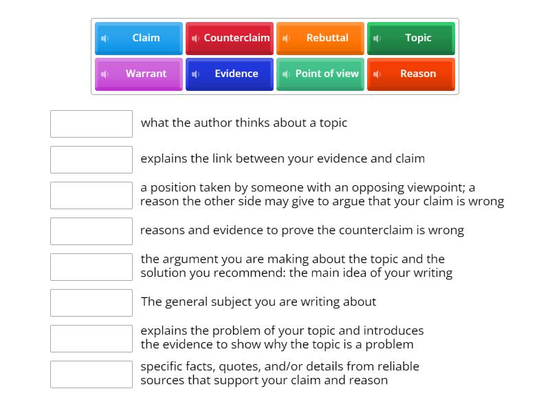 Match the argumentative writing vocabulary term with the definition ...
