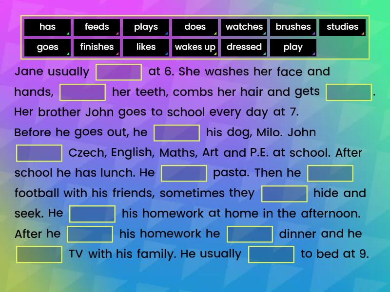 Present simple - daily routine - 3rd person singular - Complete the ...