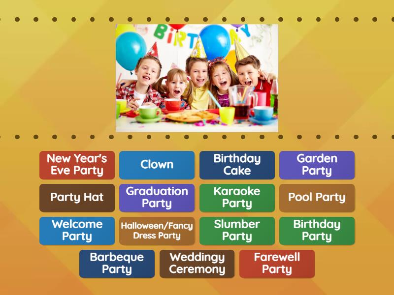 Caaopy of Party Types: Vocabulary - Find the match