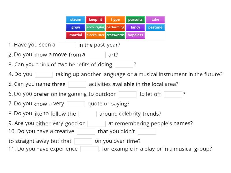 RM B2+ 1A Vocabulary Free-time activities - Complete the sentence