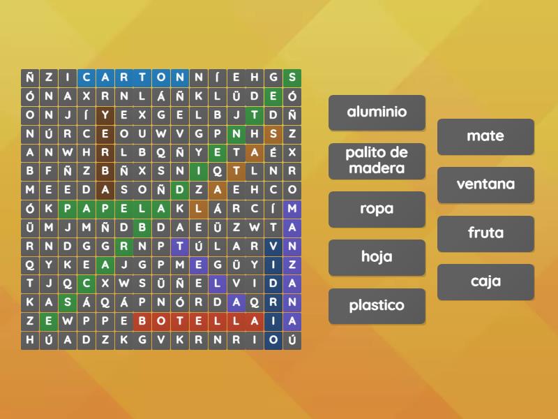 clasificacion de residuos secos y humedos - Sopa de letras