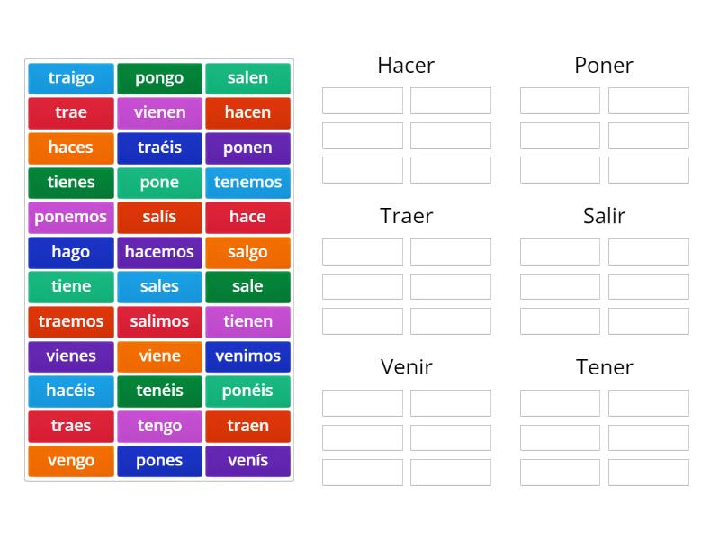 Go verb conjugations- Hacer/Poner/Traer/Salir/Tener/Venir - Group sort