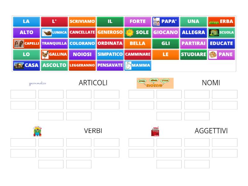 TRASCINA I CARTELLINI CON ARTICOLI, NOMI, VERBI E AGGETTIVI NEL ...