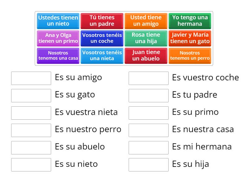 Tener, ser, posesivos repaso (A1) - Une las parejas
