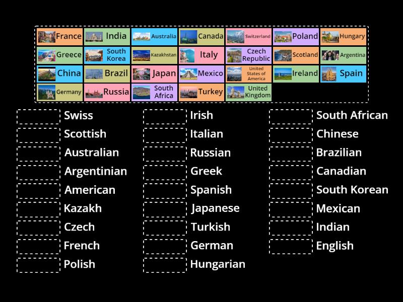Countries and adjective match - Elem 1B - Match up