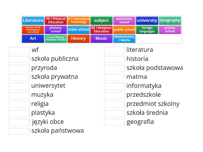 School subjects + Types of schools - Match up