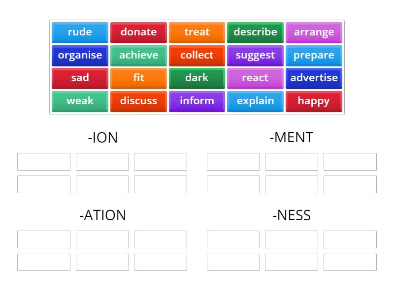 Word formation (Noun suffixes - ness, -ment, -ion, -ation) - Group sort