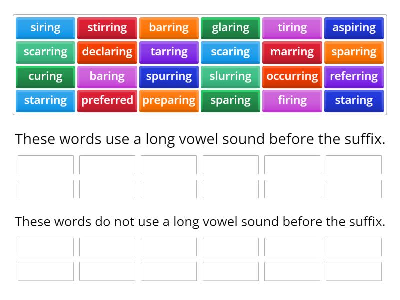 Words that use a long vowel sound because the R is not doubled - Group sort