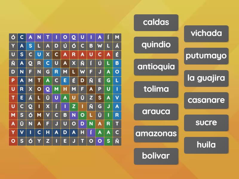 sopa de letras departamentos de Colombia - Wordsearch