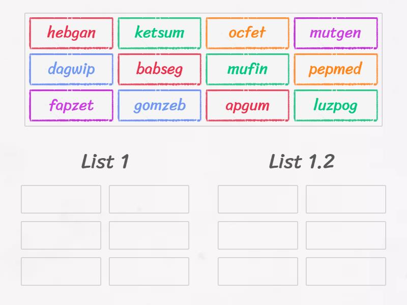 10.2 Word List Set 1 (Word Cards or Wheel) - Group sort