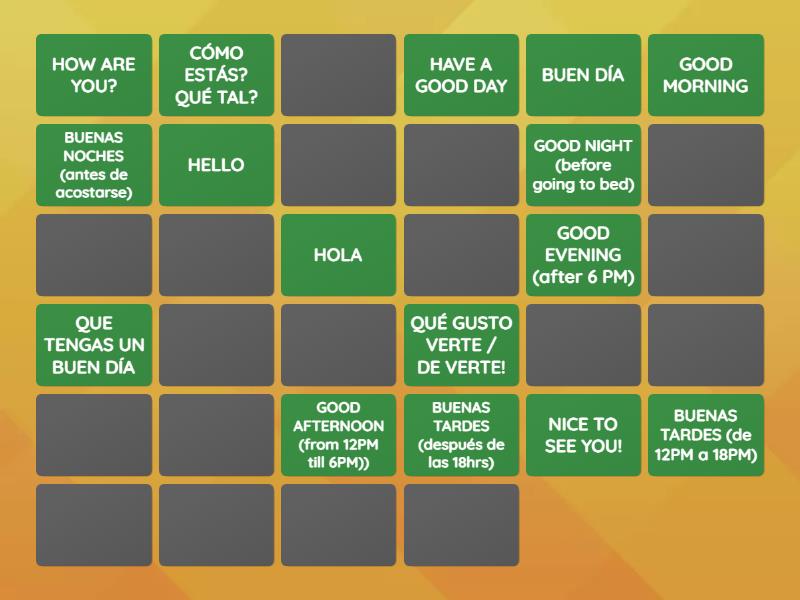 GREETINGS / SALUDOS ENGLISH / SPANISH - Matching pairs
