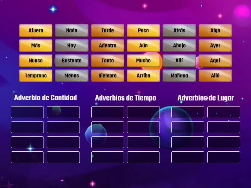 clasifica los Adverbios de lugar, tiempo y cantidad - Group sort