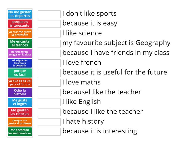 Opinions school subjects Y7 - Match up