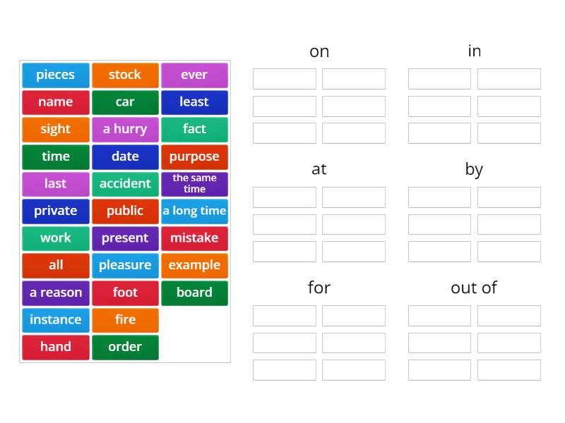 collocations - prepositional phrases - Group sort