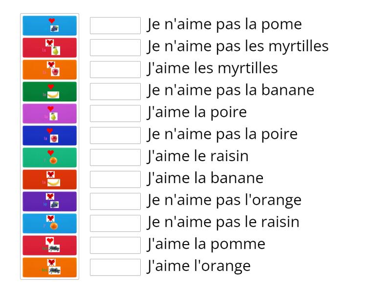 Les fruits 1 (lecture ***): j'aime... / je n'aime pas - Match up