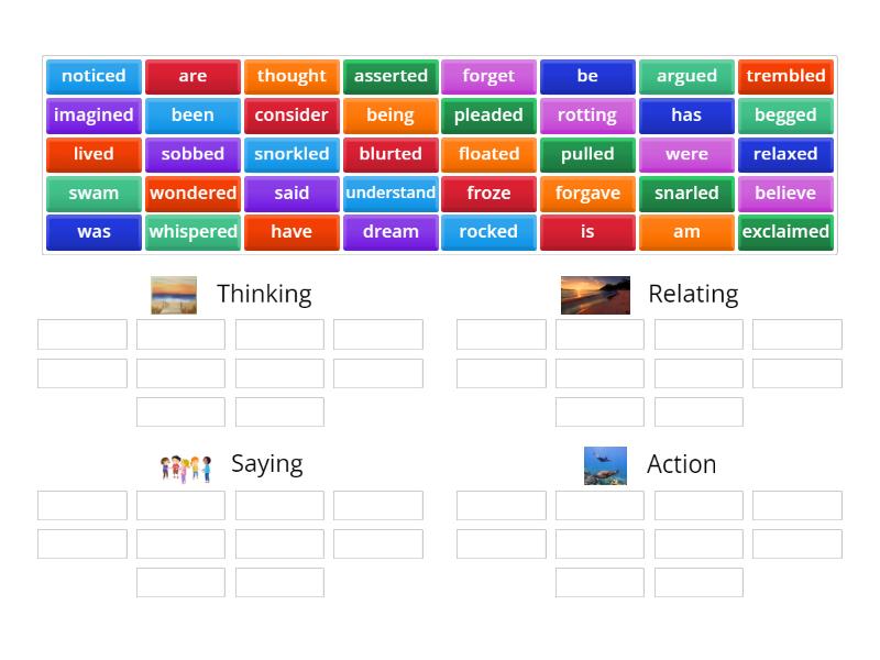 Thinking, relating, saying and action verbs. - Group sort