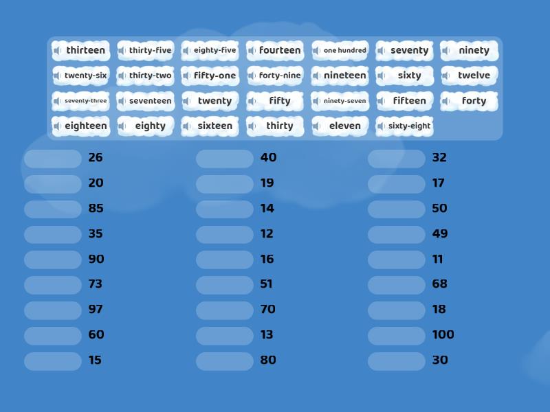NUMBERS 1 - 100 - Match up