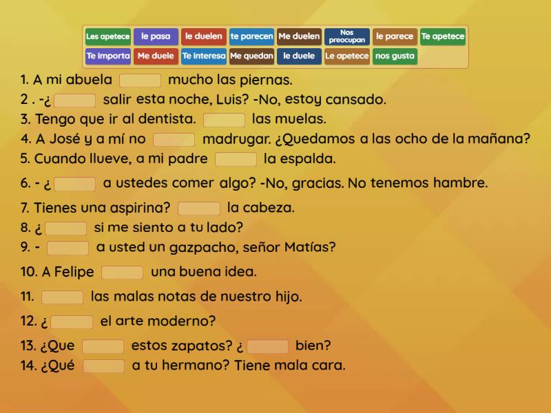 gustar, apetecer, quedar, parecer, pasar, doler y otros verbos ...