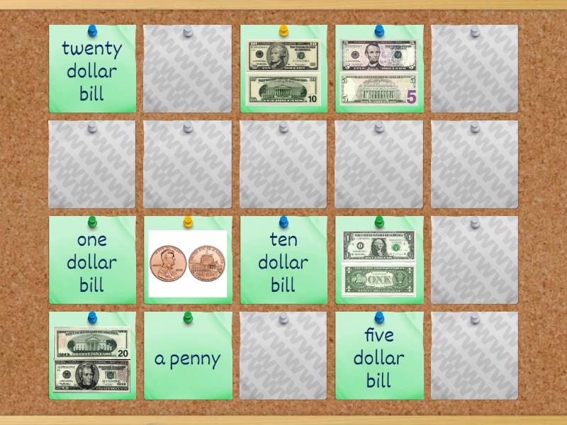 bills and coins - Matching pairs