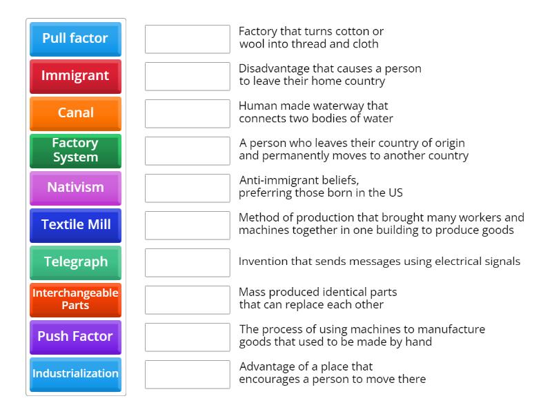 Industrialization and Immigration - Match up