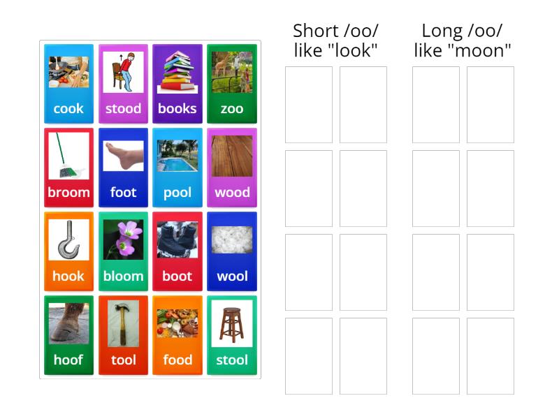 WordWall Picture Sort Long and short /oo/ - Group sort