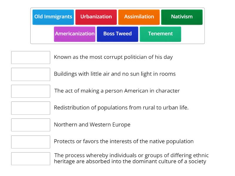 Urbanization and Immigration - Match up