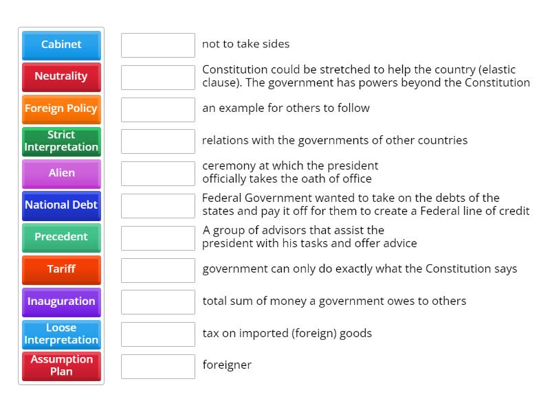 First Presidents Vocabulary - Match up