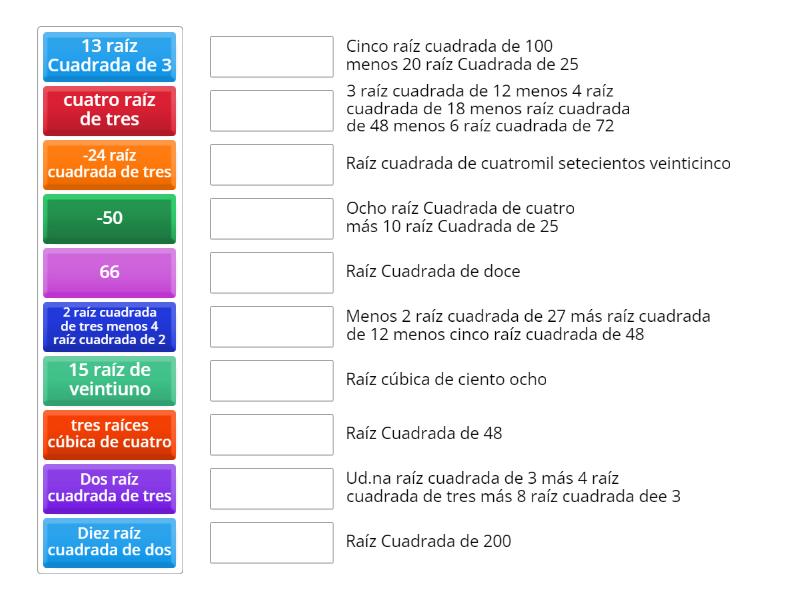 Operaciones con radicales - Match up
