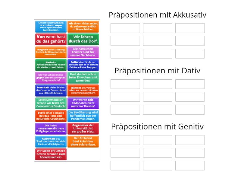 Präpositionen mit Akkusativ, Dativ und Genitiv - Group sort