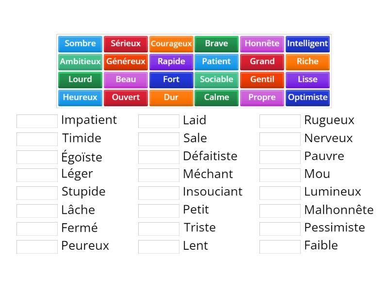 Les adjectifs et leurs contraires - Match up