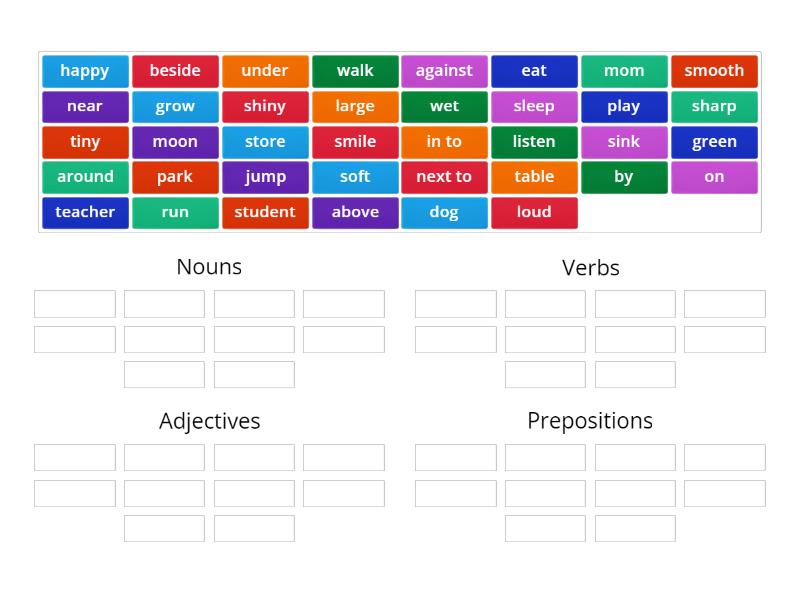 Nouns, Verbs, Adjectives, Prepositions - Group sort