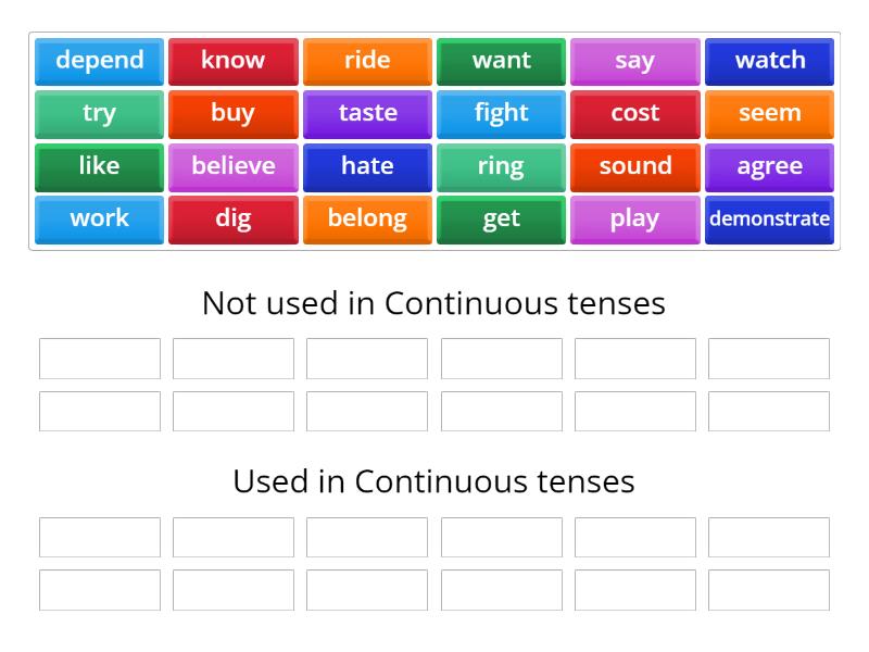 Is it used in Continuous or no? Put the verb in the correct group (Pre ...