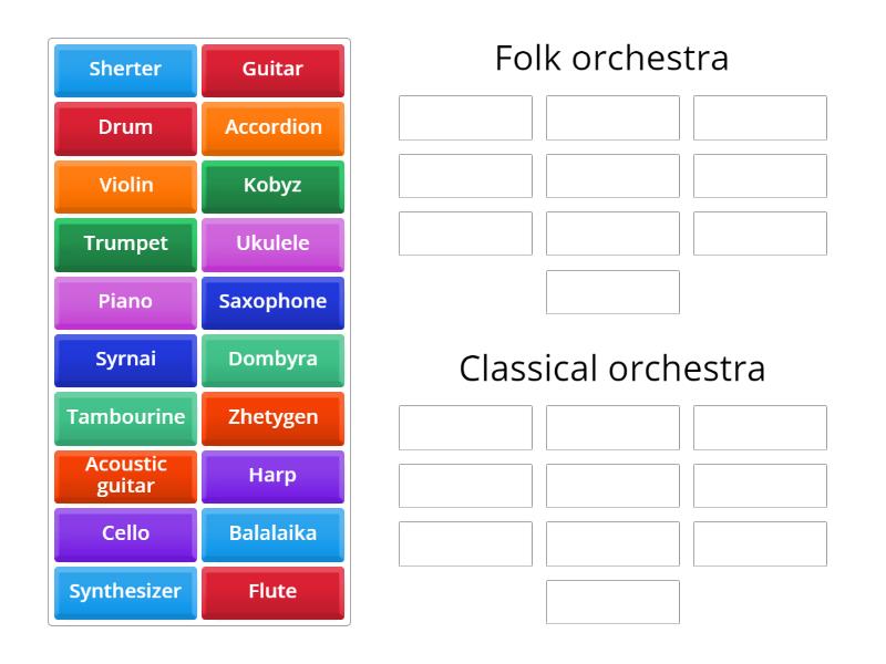 Match the musical instruments with the types of instruments - Group sort