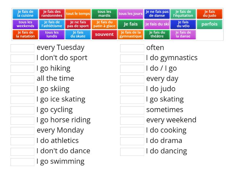Unit 2 Que fais-tu? vocab - Match up