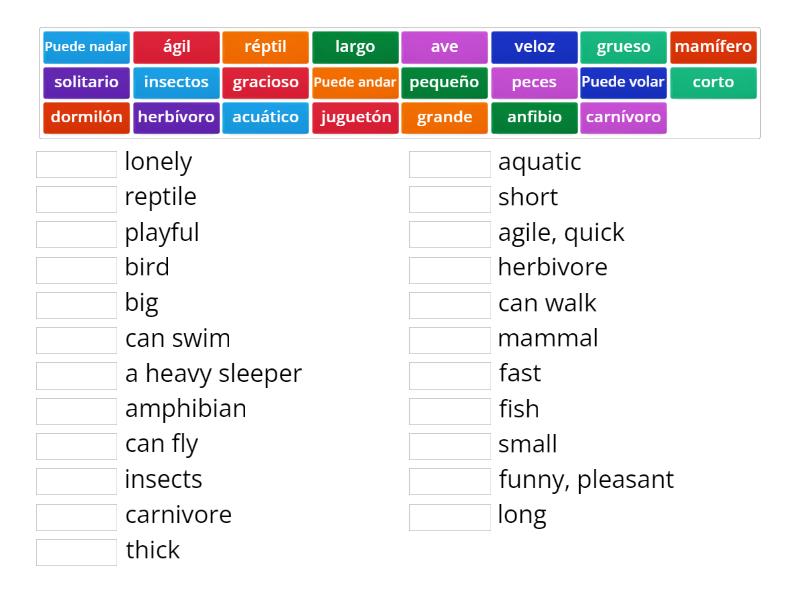 Adjetivos para describir los animales - Сопоставить