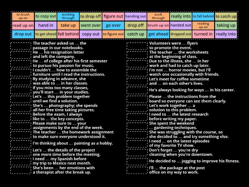 Phrasal verb education sentences - Match up