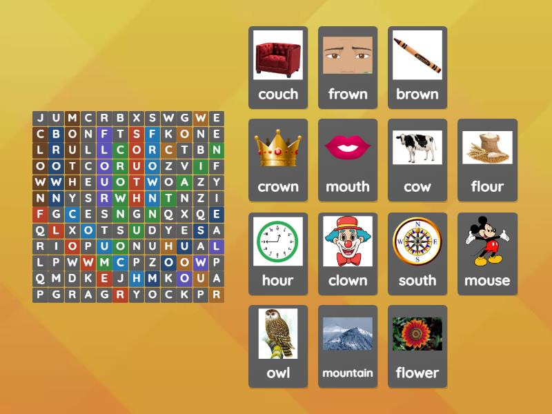 Lonng O, ou, ow words. Colibri English Academy. - Wordsearch