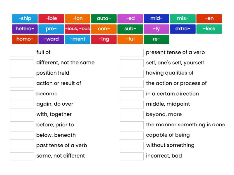 Prefixes & Suffixes Match - Match up