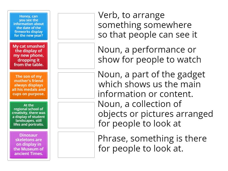 The word DISPLAY - meanings - Match up