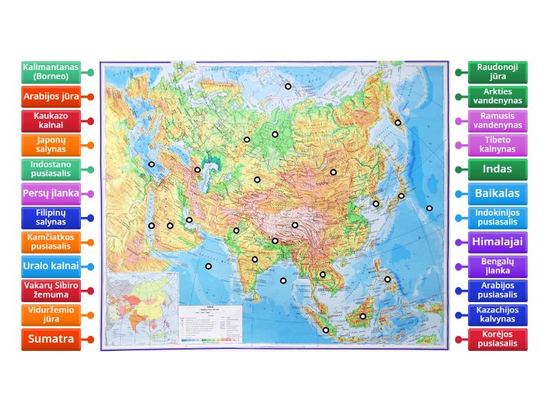 Azijos gamtinis žemėlapis - Diagrama su kortelėmis