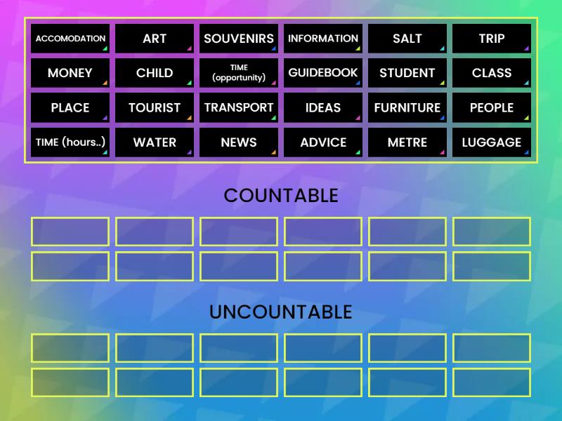 OPTIMISE B1 UNIT 3 - COUNTABLE AND UNCOUNTABLE NOUNS - Group sort