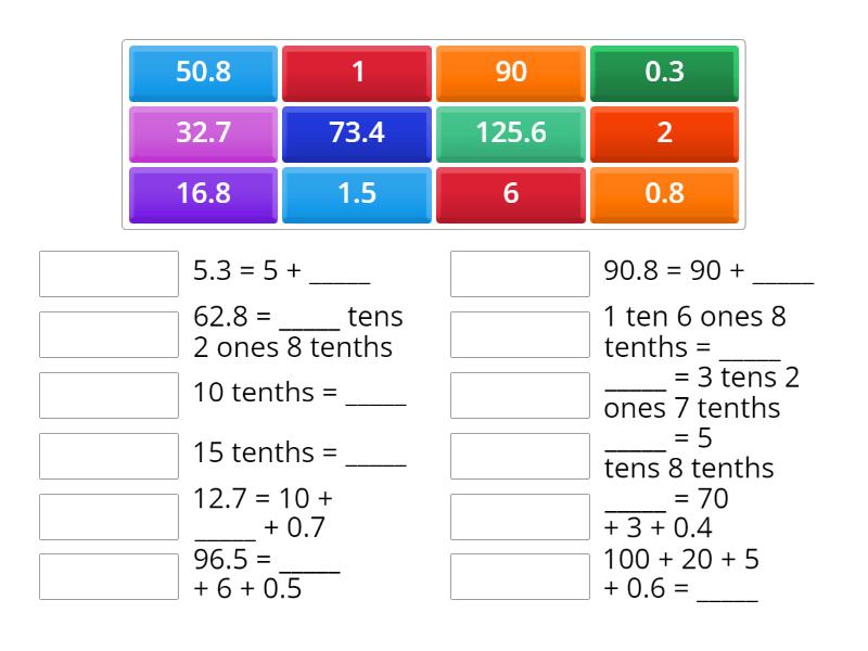 Revision of Decimals - Match up