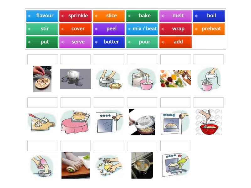 8 Form. Unit 3. Meals. Lesson 3. Cooking verbs matching. - Match up