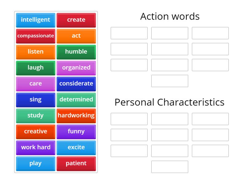 sorting characteristics and action words - Group sort