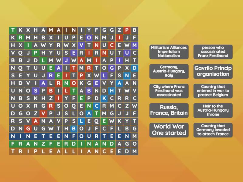 Causes of WW1 - Wordsearch