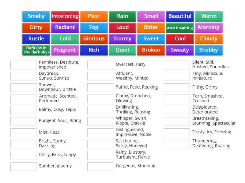 Synonyms - Descriptive words for Setting - Match up