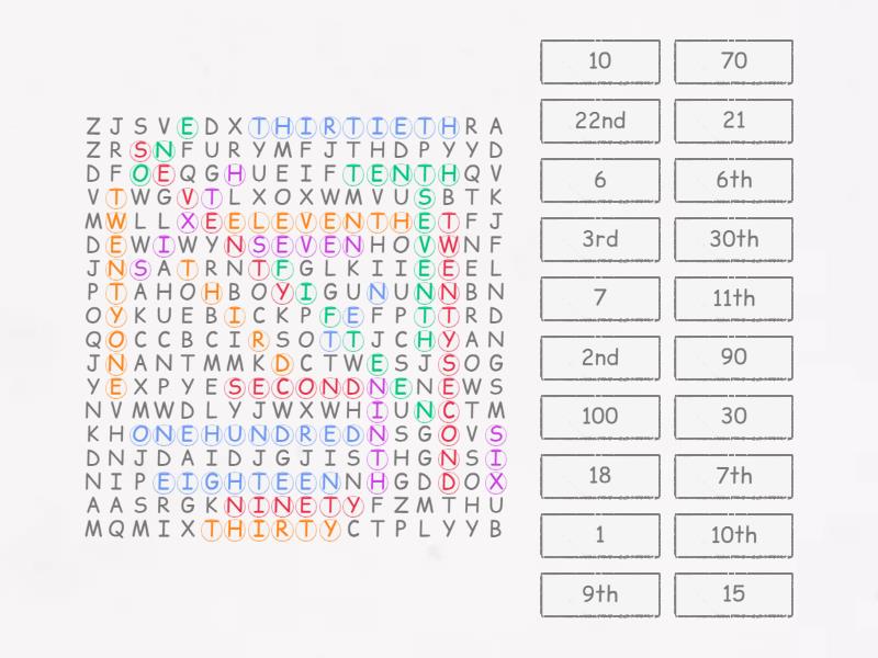 Cardinal & Ordinal Numbers - Wordsearch