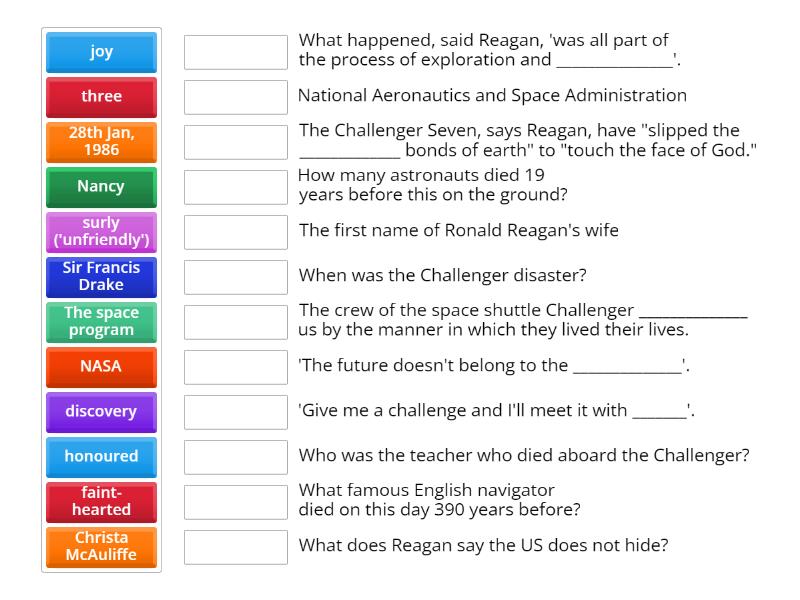 Reagan's Challenger Speech Quiz - Match up