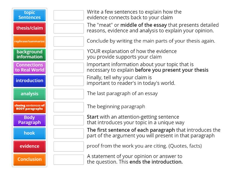 The sections of a persuasive essay, 2/1/24 - Match up
